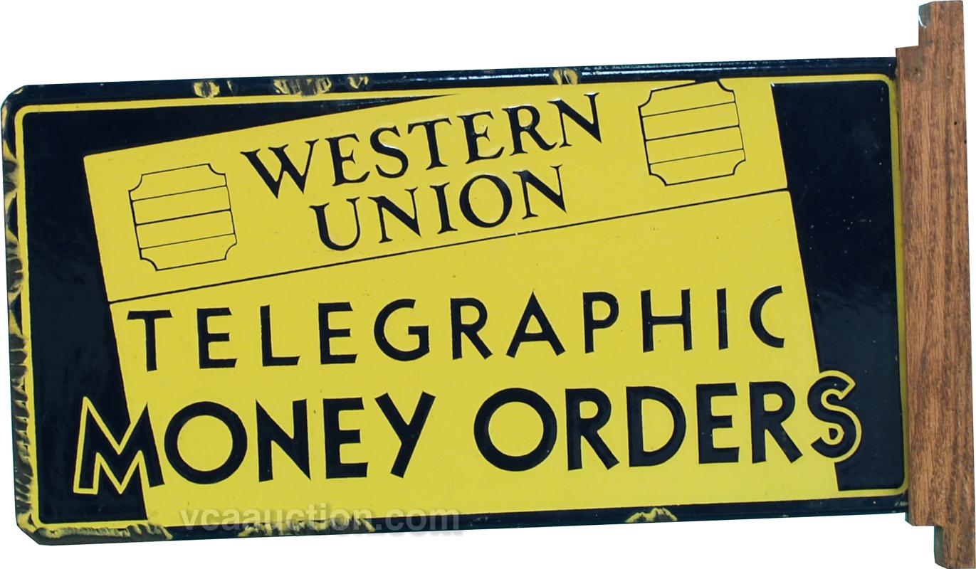 Western Union Double Sided Porcelain Sign w/ Wood Flang
