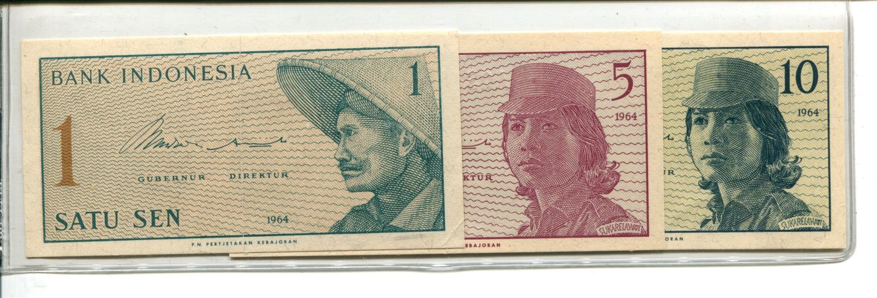 Indonesia. Lot of 3 1964 notes: 1 Sen, 5 Sen & 10 Sen. P-90, P-91, P-92 ...