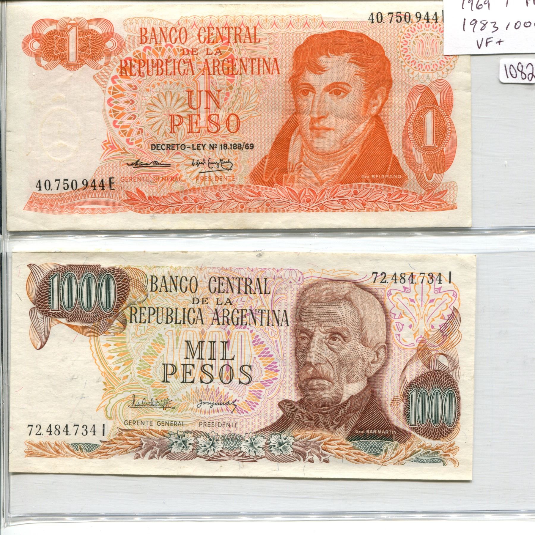 Lot of 2 Argentina notes. 1969 1 Peso General Belgrano & 1983 1000 ...