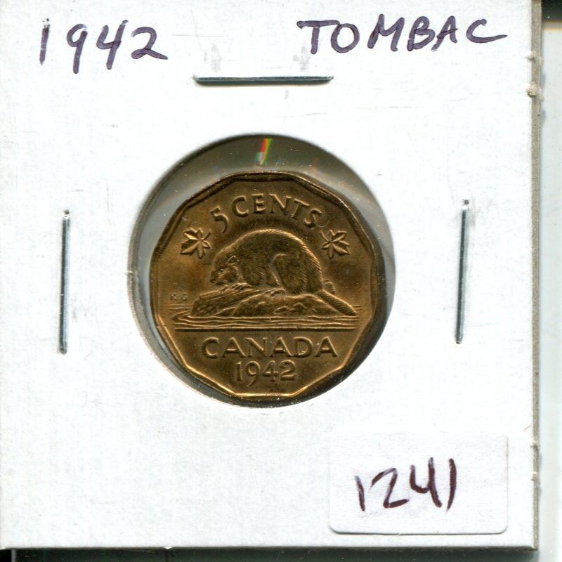 1942 Canadian Tombac 5 Cents. The first Tombac 5 cents (88% copper & 12 ...