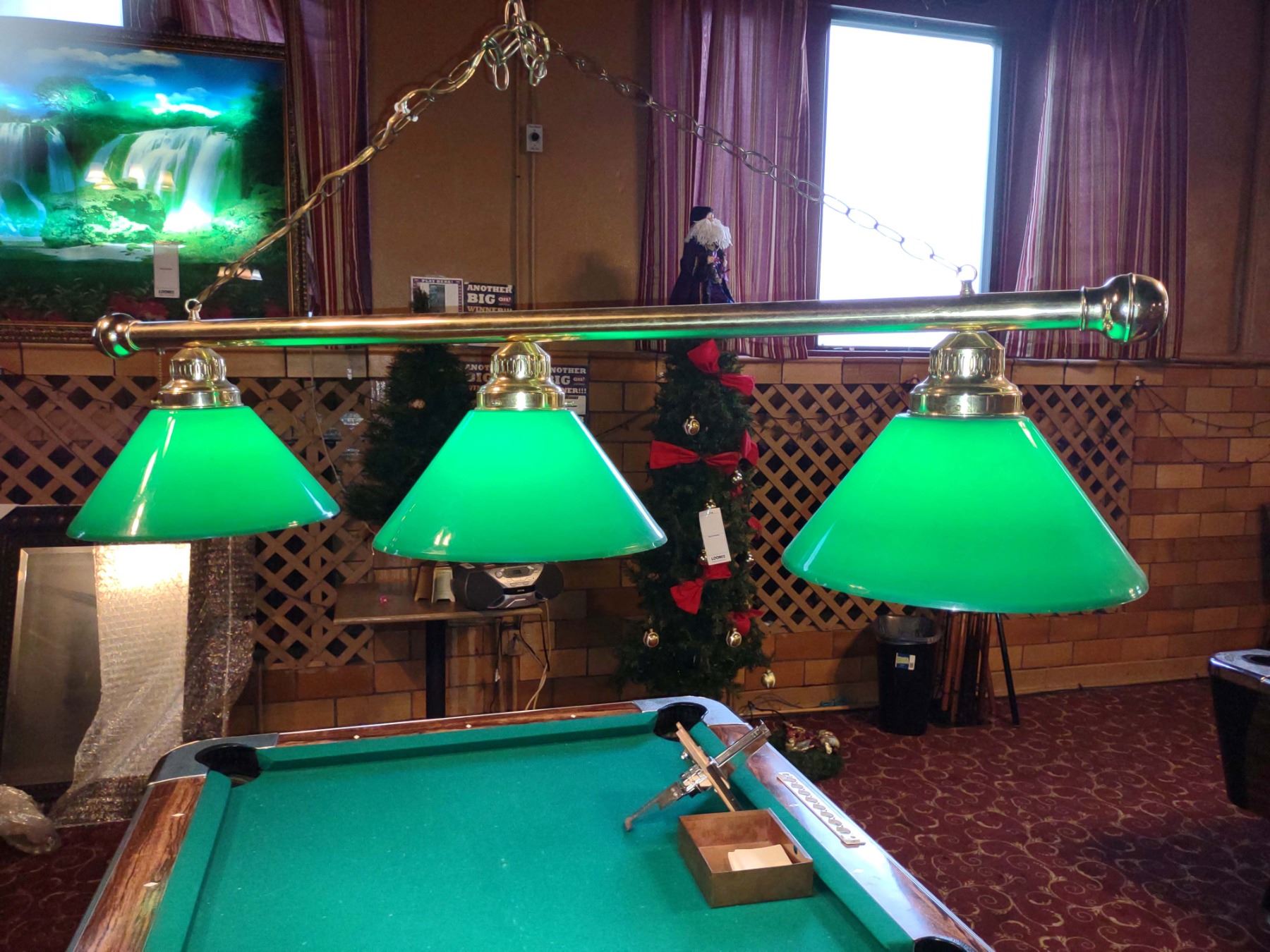 BRASS POOL TABLE LIGHT WITH GREEN GLASS SHADES, WORKS