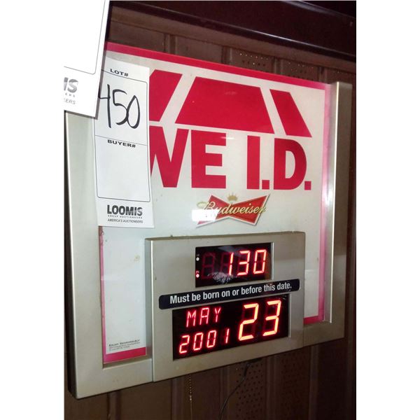 BUDWEISER LED LIGHT UP WE ID SIGN, 18" X 20.5", WORKS