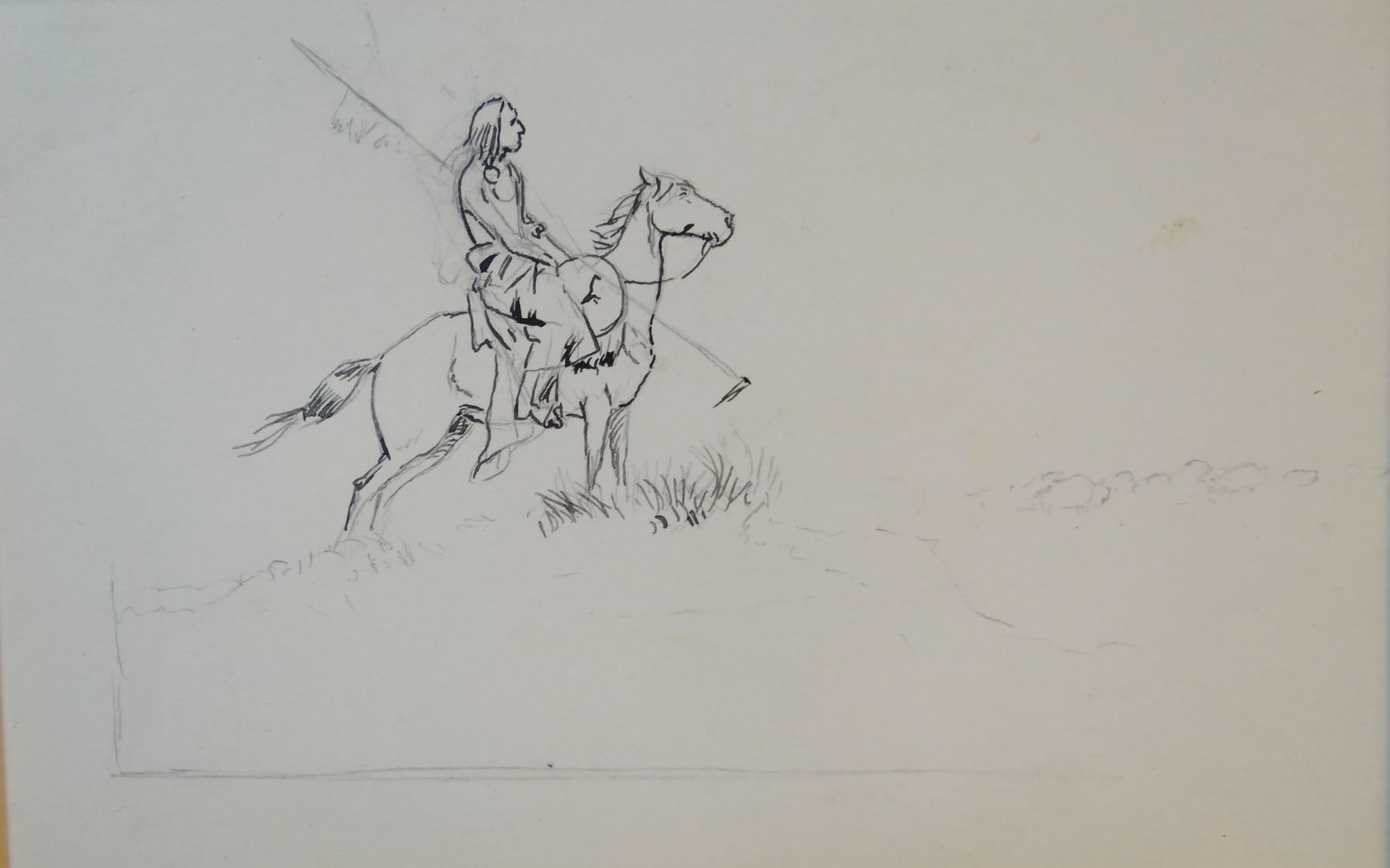 Russell, C. M., original pen/ink drawing, Mounted Warrior, 3 3/4" x 5 3 ...