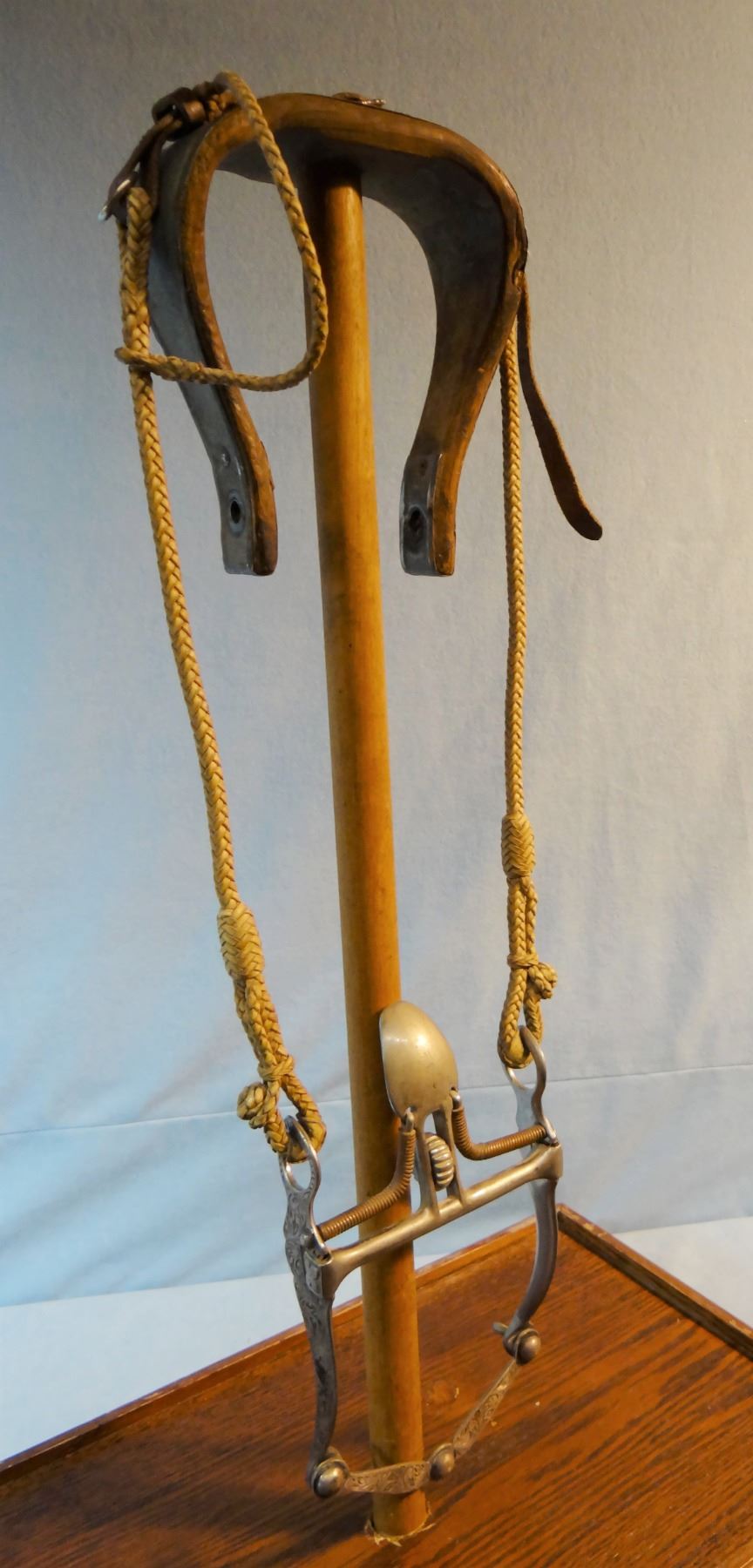 Braided rawhide one ear headstall w/Garcia silver mtd spade bit & romal ...
