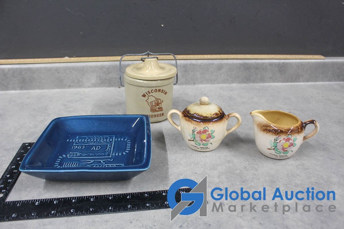 Medalta Cream&Sugar, Wisconsi Pioneer Container and Medicine Hat Ashtray