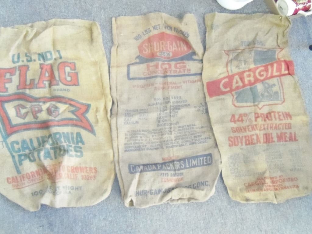 3 Burlap Bags- Flag, Cargill and Shur-Gain