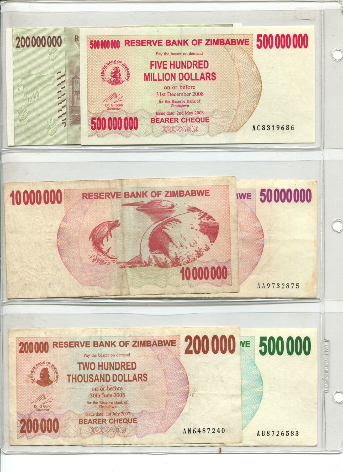 Lot of 6 2008 Zimbabwe hyper-inflation notes. Reserve Bank of Zimbabwe ...