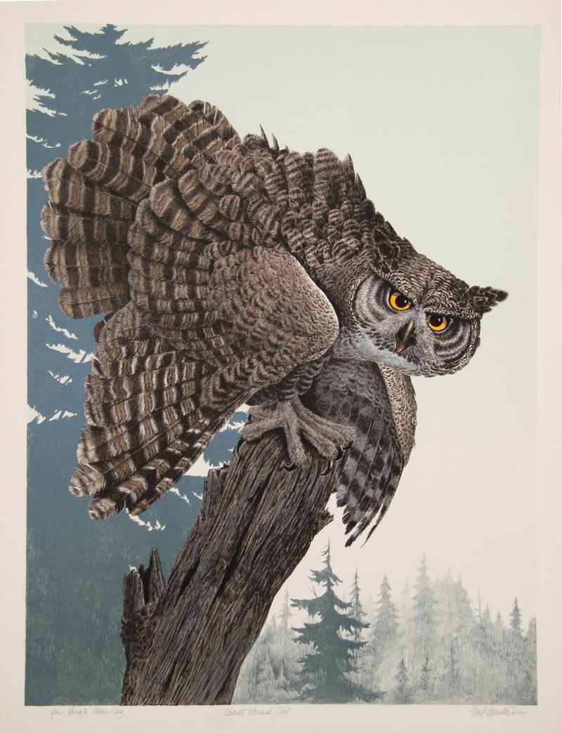 Mel Hunter, Great Horned Owl, Lithograph