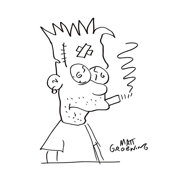 Matt Groening drawing of Bart Simpon smoking.