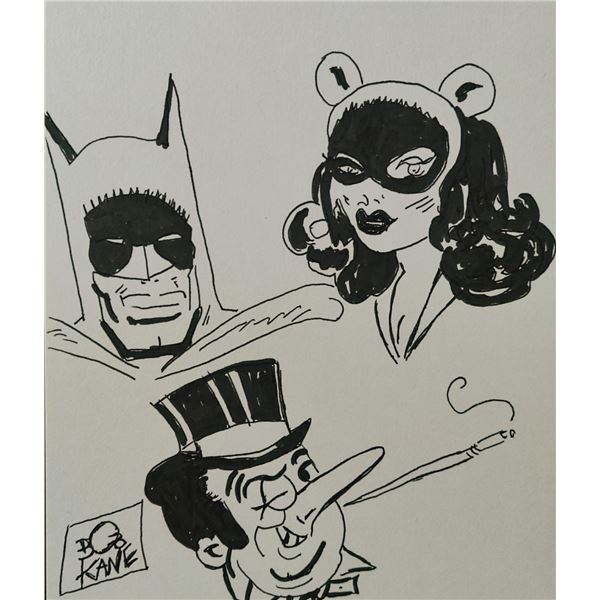 Bob Kane drawing of Batman, The Joker and Catwoman.