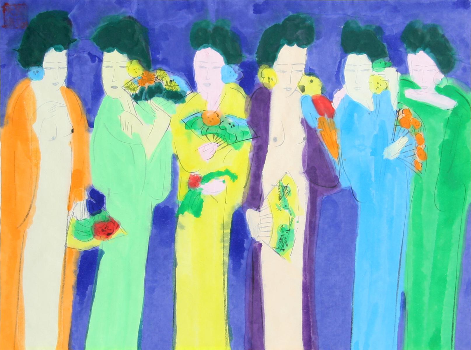 Walasse Ting, Six Geishas, Watercolor Walasse Ting, Six Geishas, Watercolor