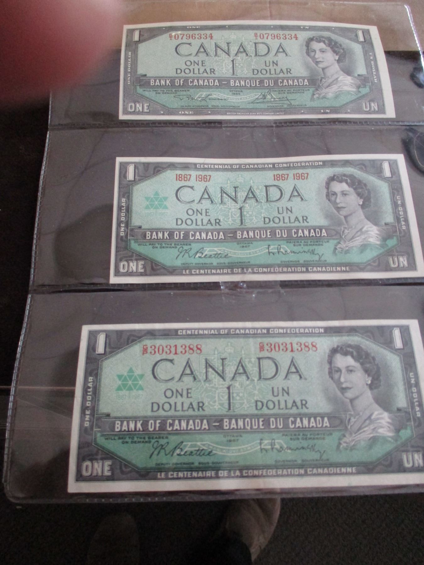 1954, 1967 NO SERIAL NUMBER & 1967 SERIAL NUMBER LAST OF CANADA $1 BILLS