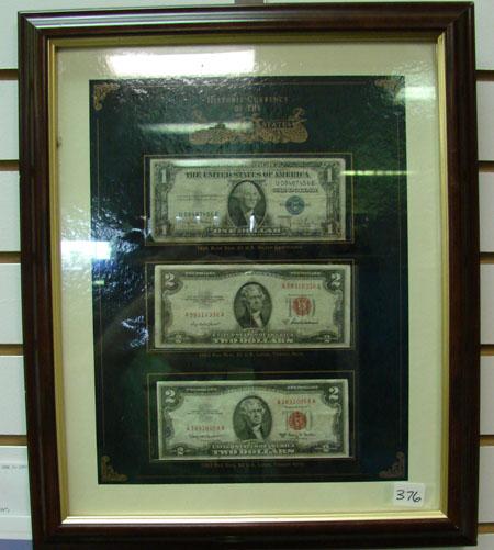Historic Currency of United States - Framed under glass 15"