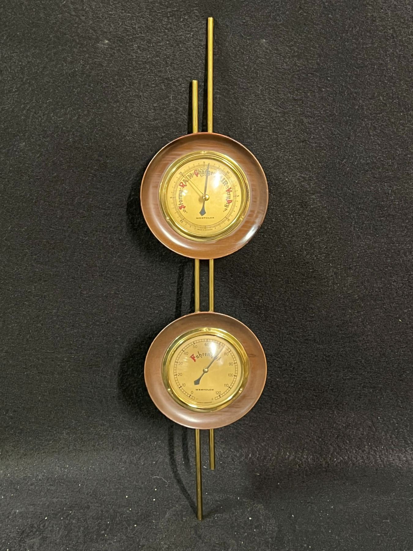 Mid Century Westclox Wood / Brass Barometer (Approx: 21.5"T & 5.25"W)