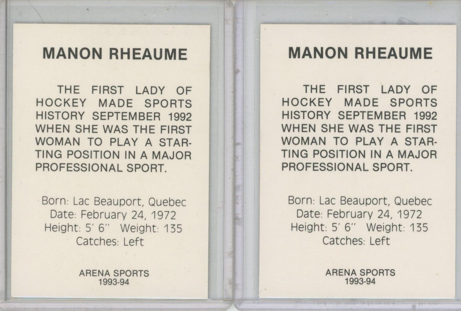 First Lady of Hockey Manon Rheaume - 2 Cards, Arena Sports 1993-94