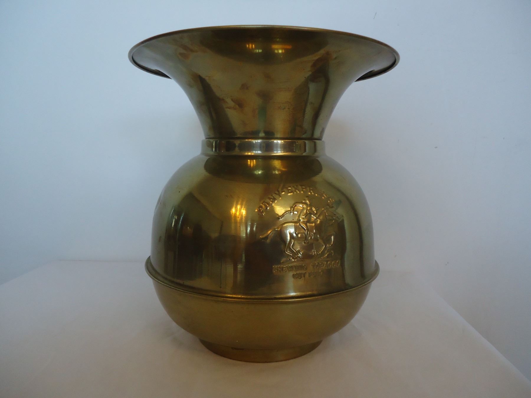 Brass spittoon 10 inches high embossed pony express chewing tobacco