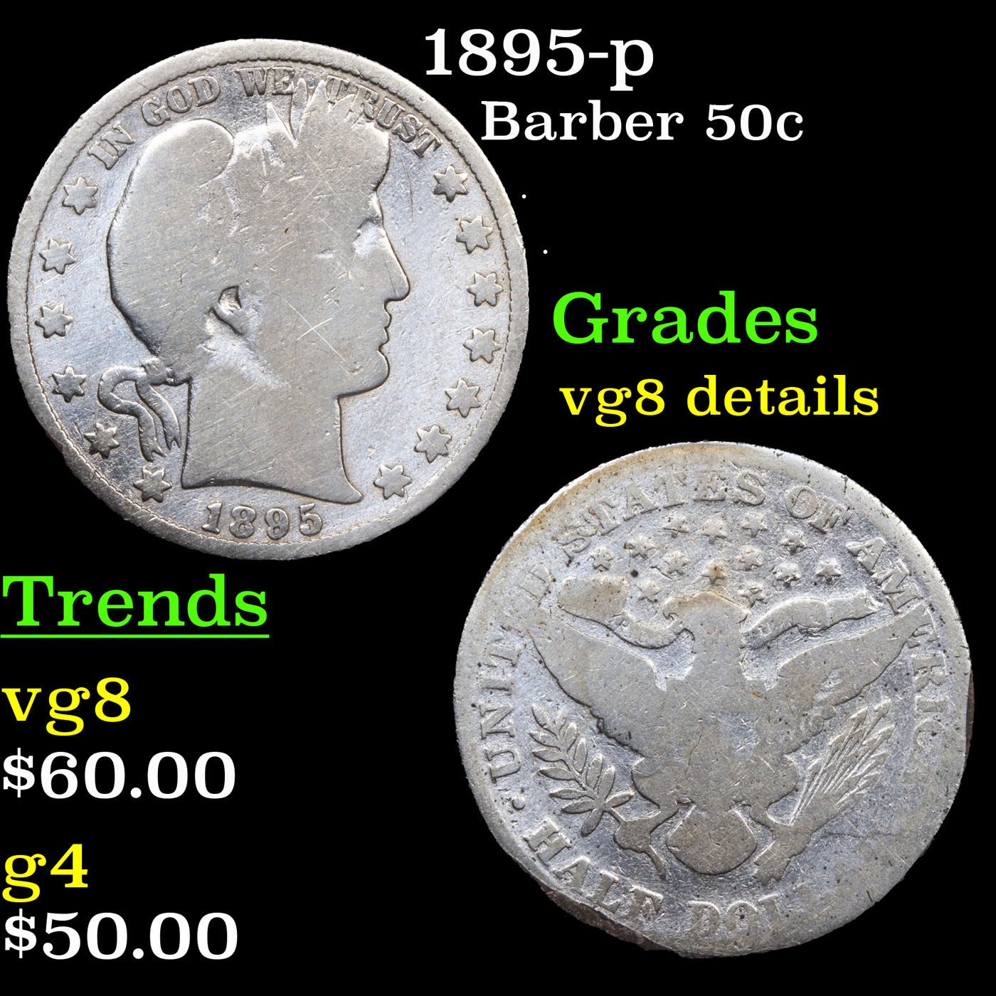 1895-p Barber Half Dollars 50c Grades vg details.
