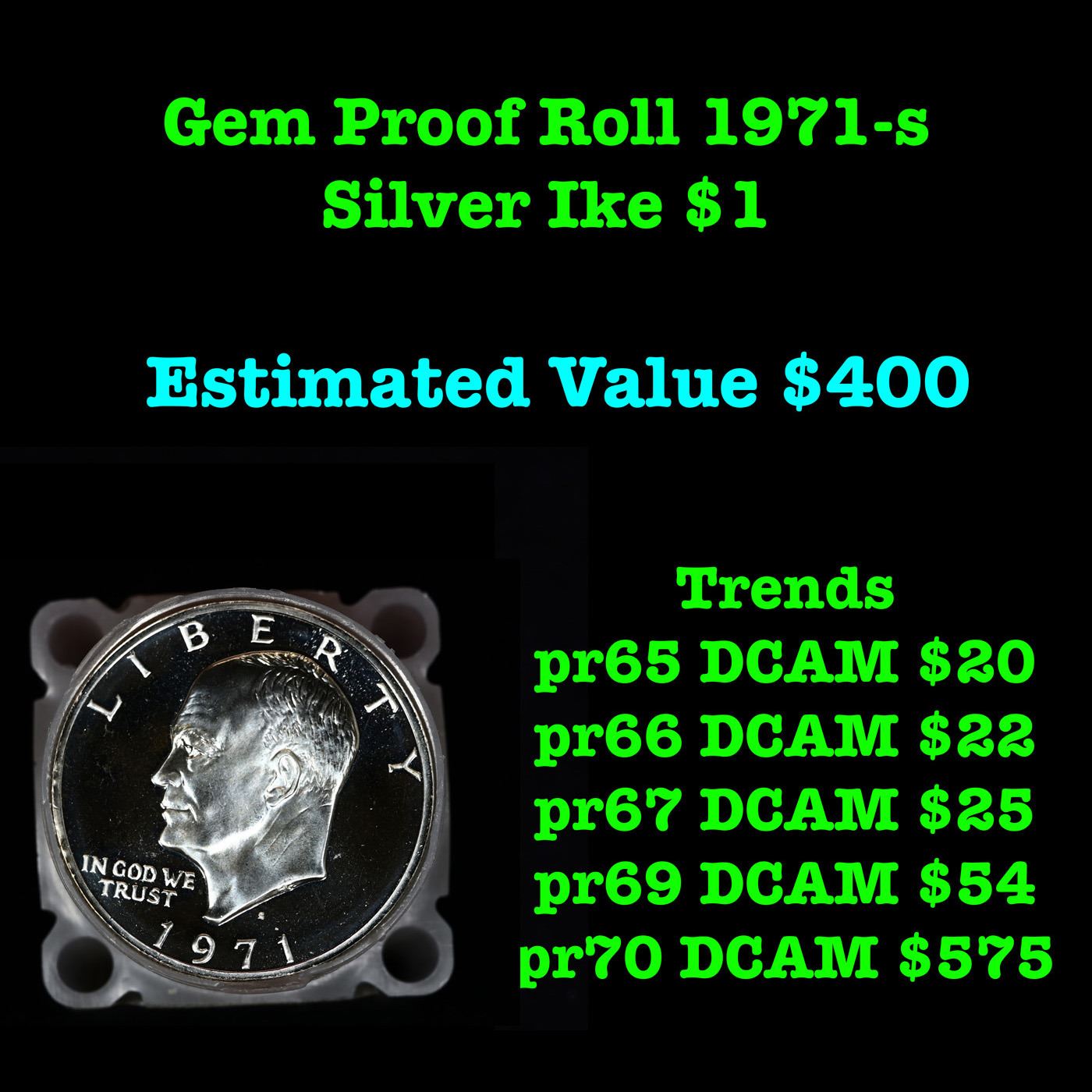 Full Roll Proof 1971-s Silver Eisenhower 'Ike' Dollars. 20 Coins total.