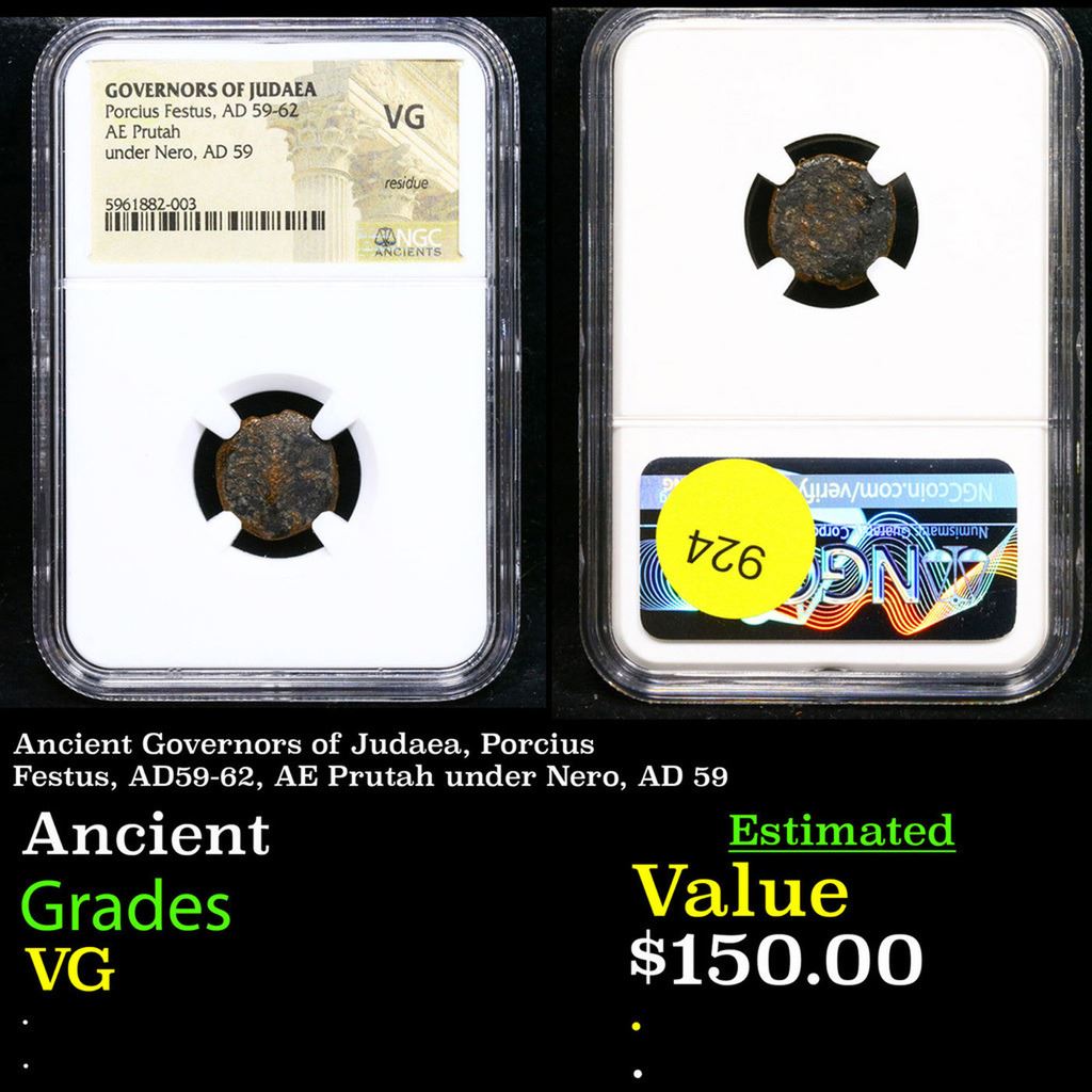 NGC Ancient Governors of Judaea, Porcius Festus, AD59-62, AE Prutah ...