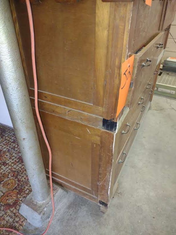 OLD STORE STACKING WOODEN CABINETS, CONTENTS INCLUDED