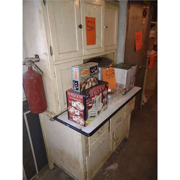 ANTIQUE PORCELAIN TOP KITCHEN CABINET W/ OLD KITCHEN ITEMS
