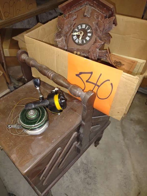 ANTIQUE SERVICE CART AND CUCKOO CLOCK, 2 FISHING REELS