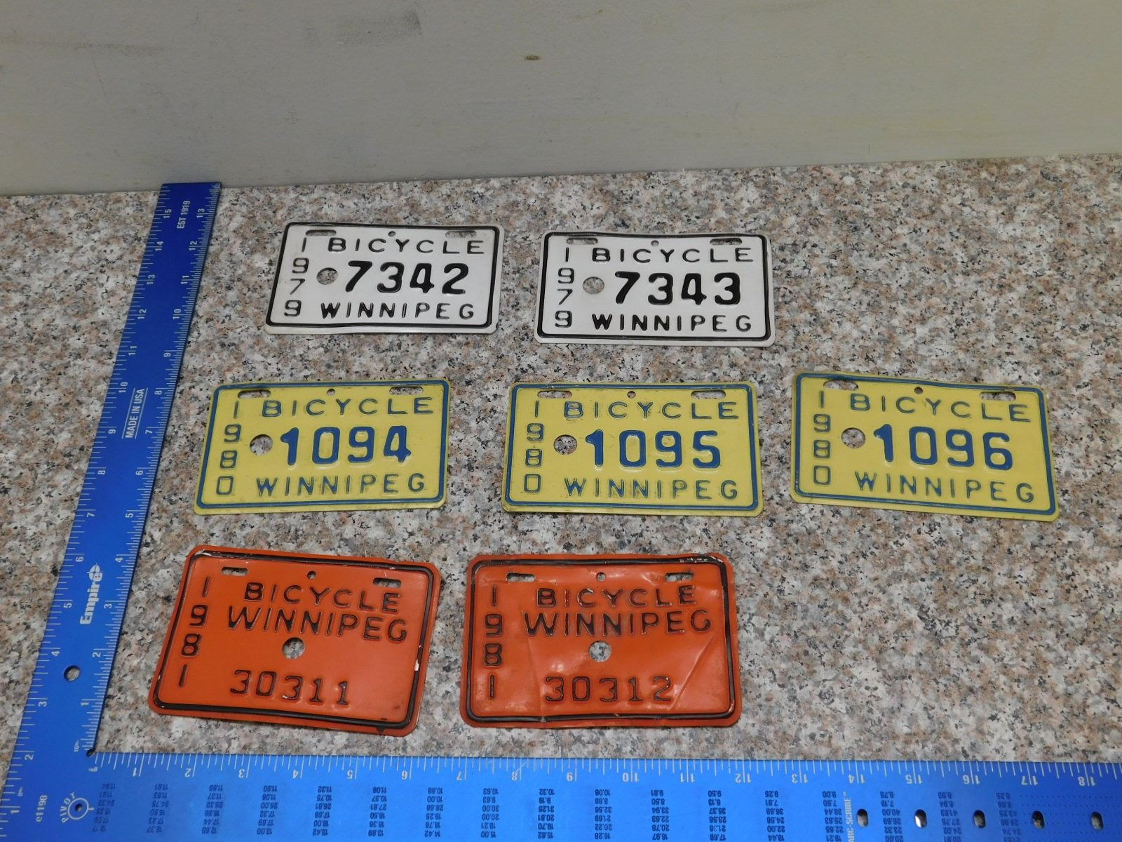 Lot of 6 1979-81 Bicycle License Plates Winnipeg Sequential
