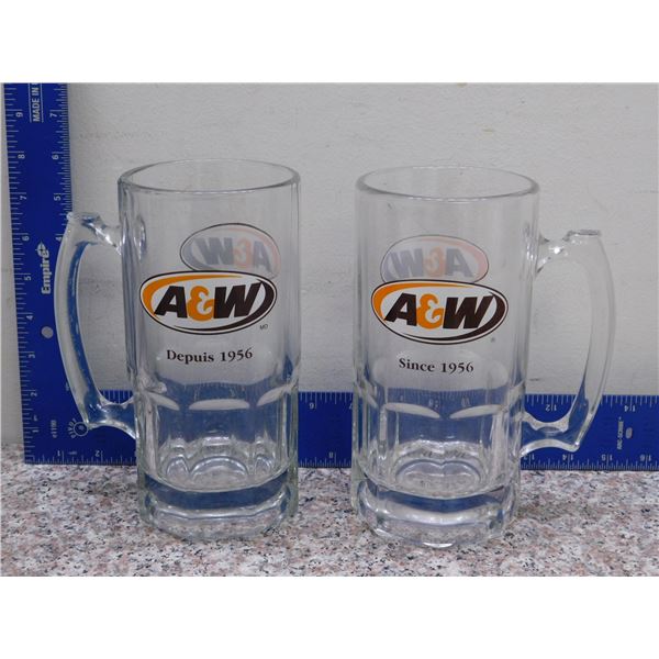 Pair of 8" Tall Large Heavy Drinking Mugs Root Beer Glass A& W Advertising