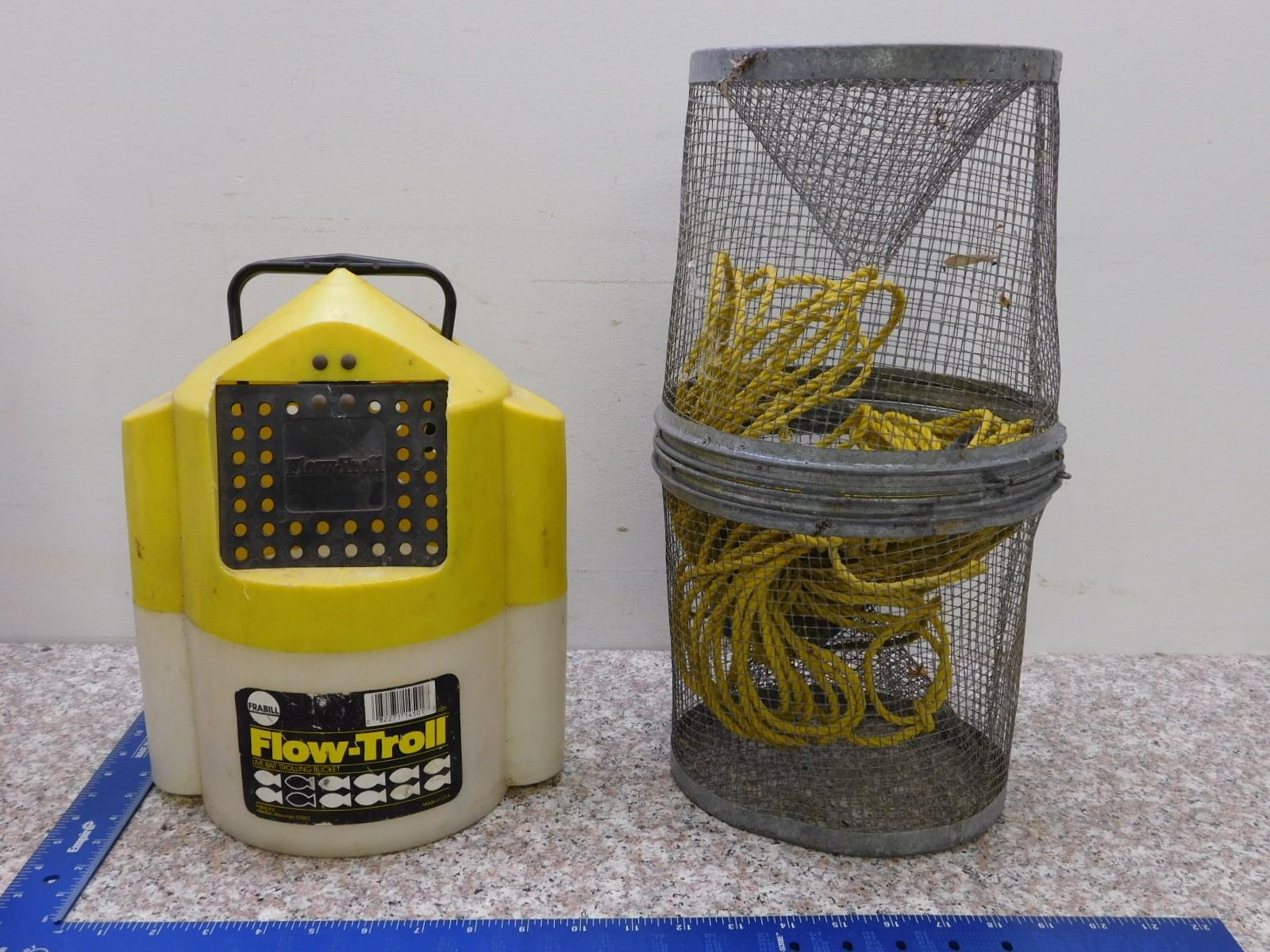 Pair Flow-Troll Minnow Bucket and Mesh Cage Minnow Trap Fish Capture