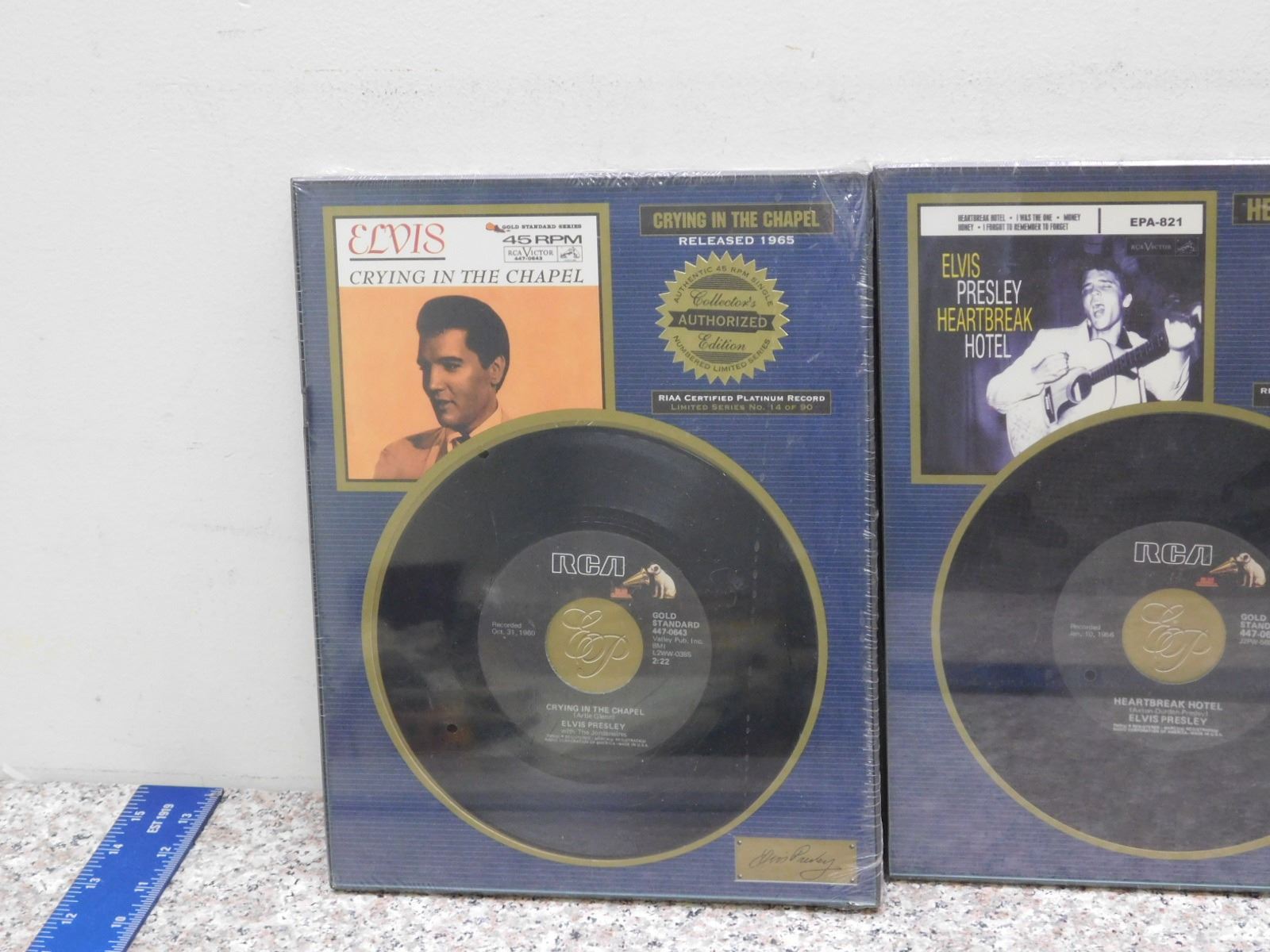 Lot of 3 Elvis Presley RIAA Certified Platinum Record Framed 45 RPM Singles