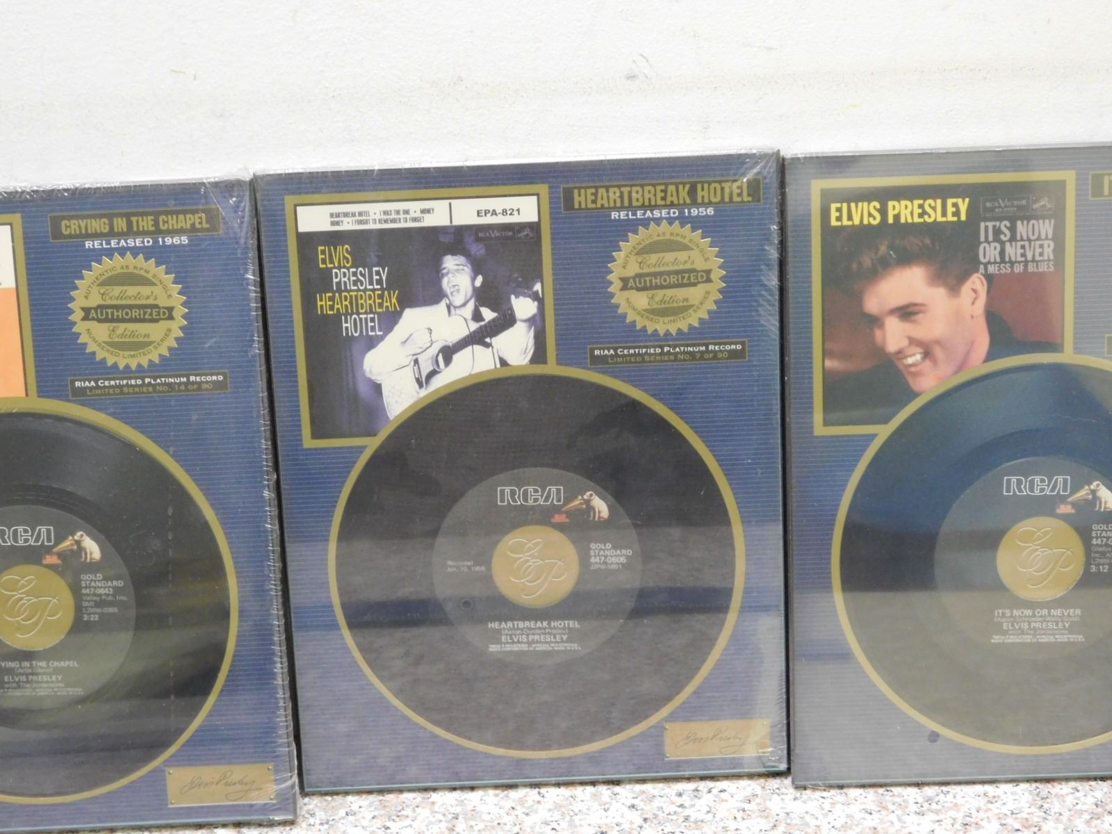 Lot of 3 Elvis Presley RIAA Certified Platinum Record Framed 45 RPM Singles