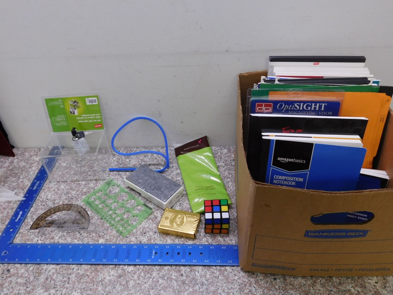 Box of Office School Supplies Notebooks Loose Leaf Paper Rulers ...