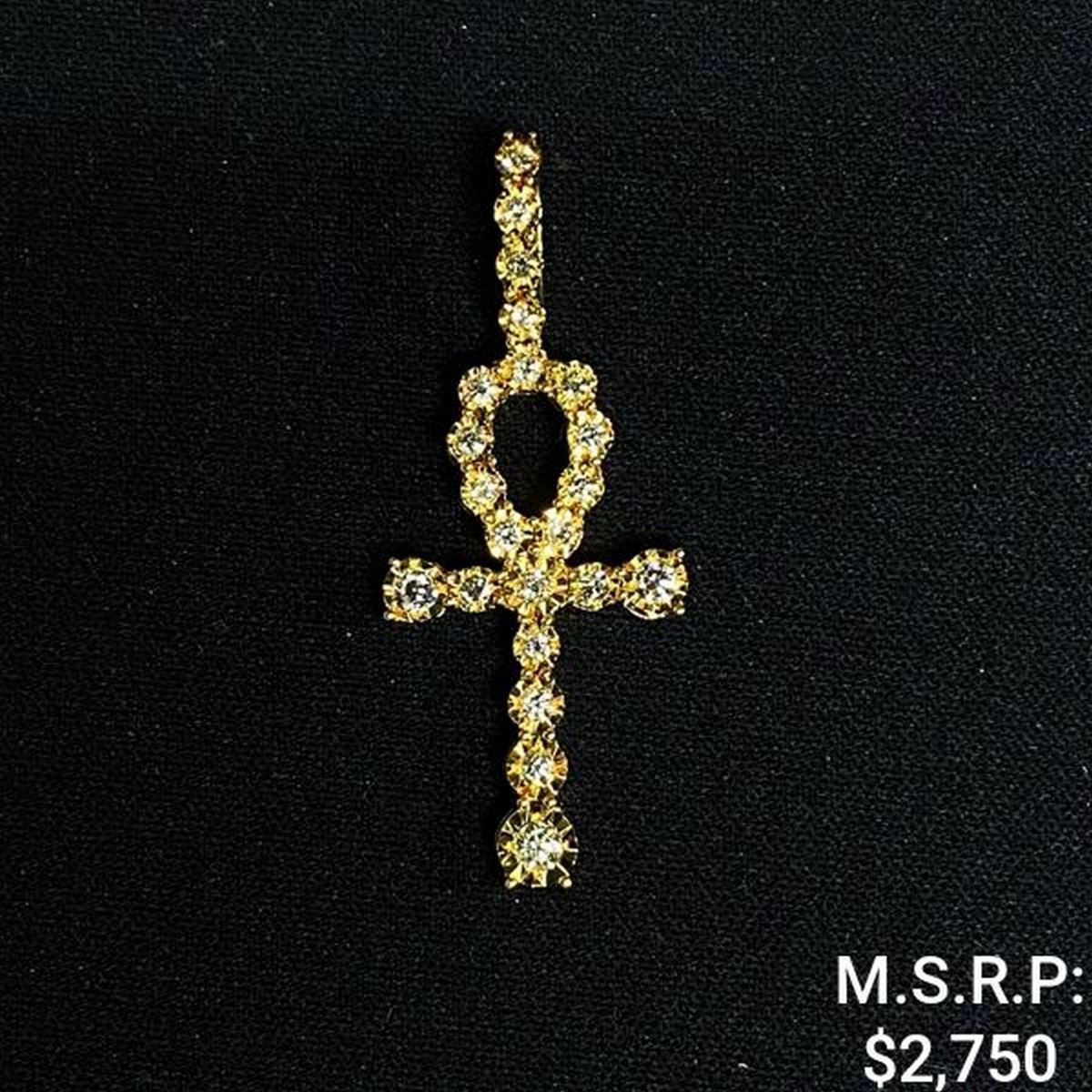 10K Gold Ankh Cross With Diamond Inlay Pendant