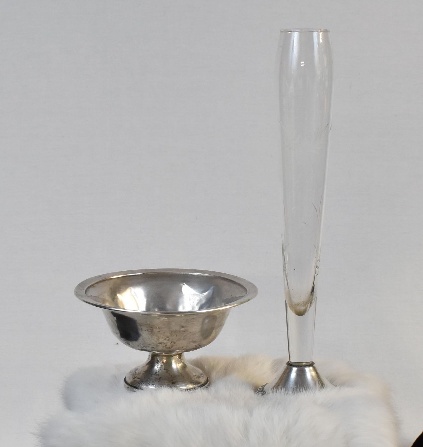 2 Antique Glass Rose Bud Vase and Sterling Bowl