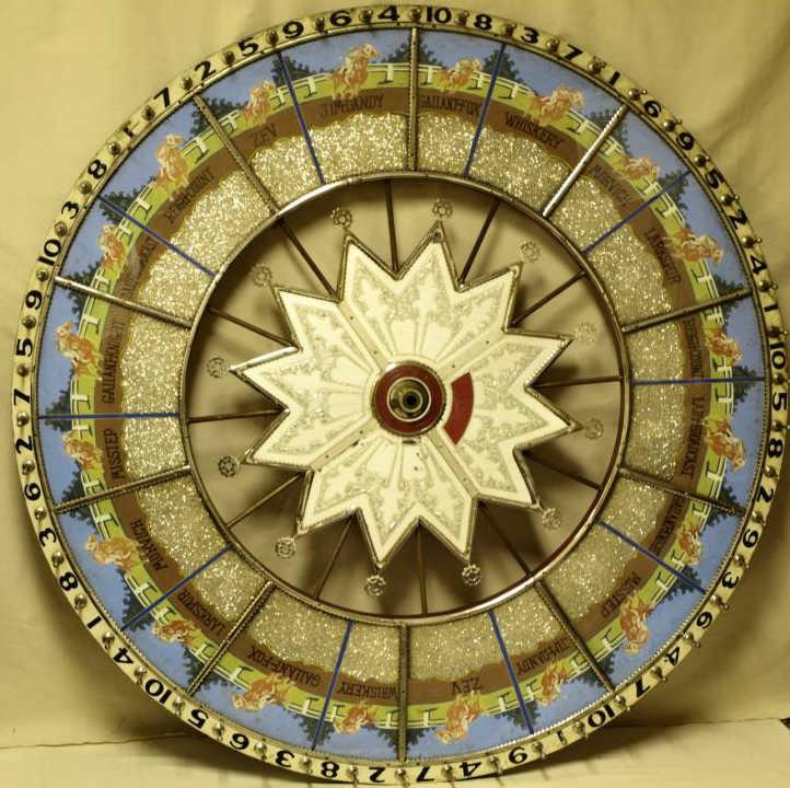 Incredible 61" race horse gambling wheel C. 1890-