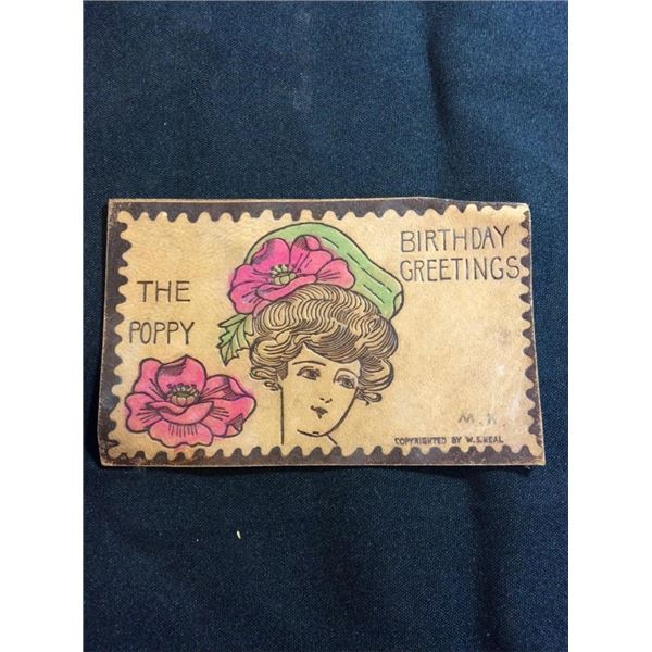 Vintage leather birthday greeting postcard