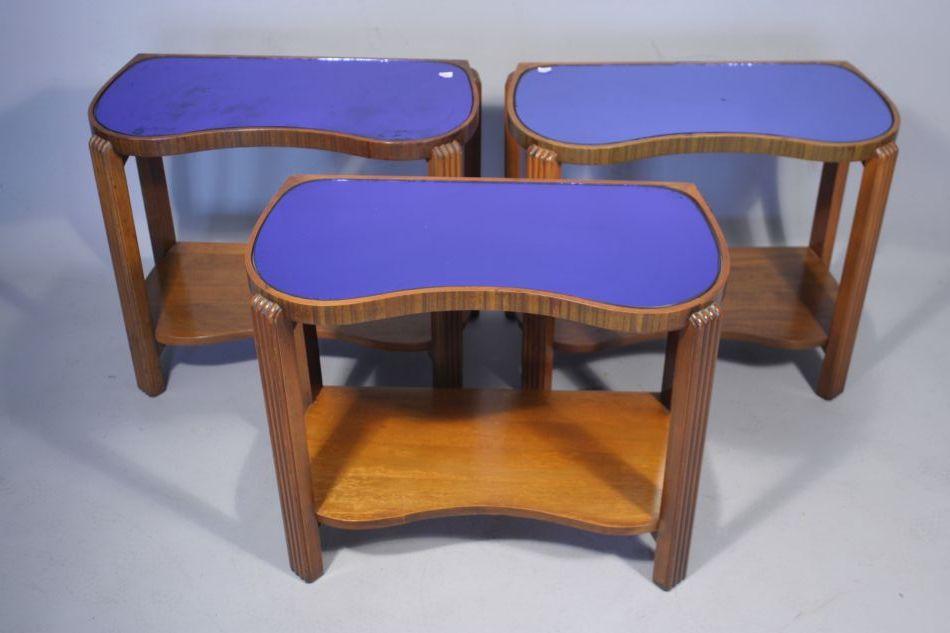 Three Art Deco Side Tables with Mirrored Blue Tops.