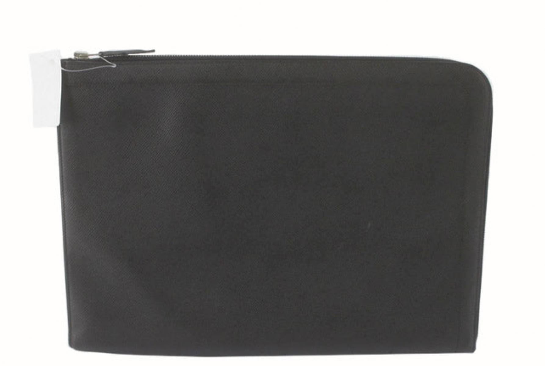 Hermes Black Bleu Indigo Leather Zip Computer Laptop Sleeve Case