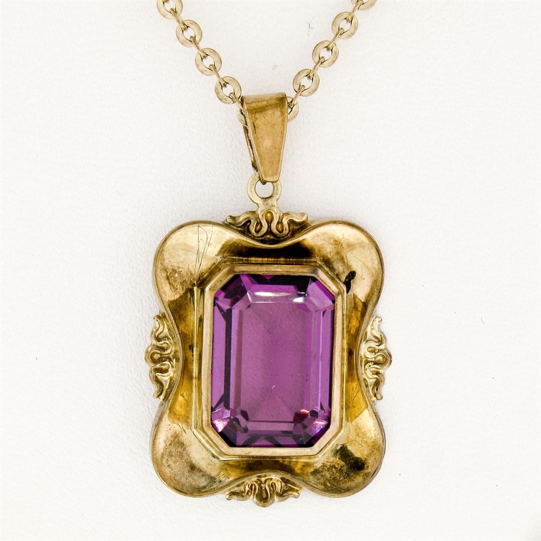 Victorian 8k Gold Octagonal Bezel Set Amethyst Solitaire Pendant Necklace