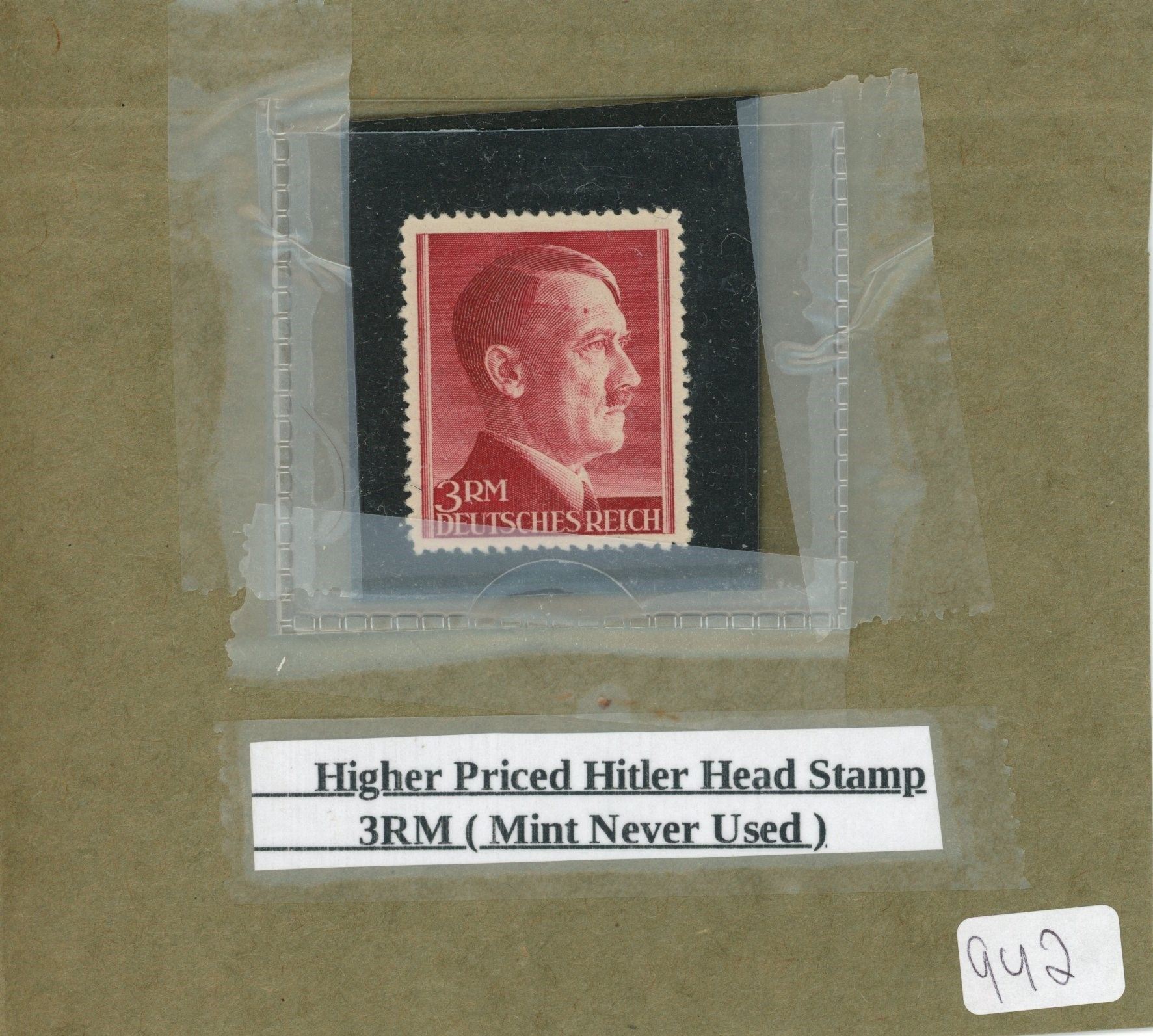 Higher Priced Hitler Head Stamp, 3RM (mint never used) - Schmalz Auctions