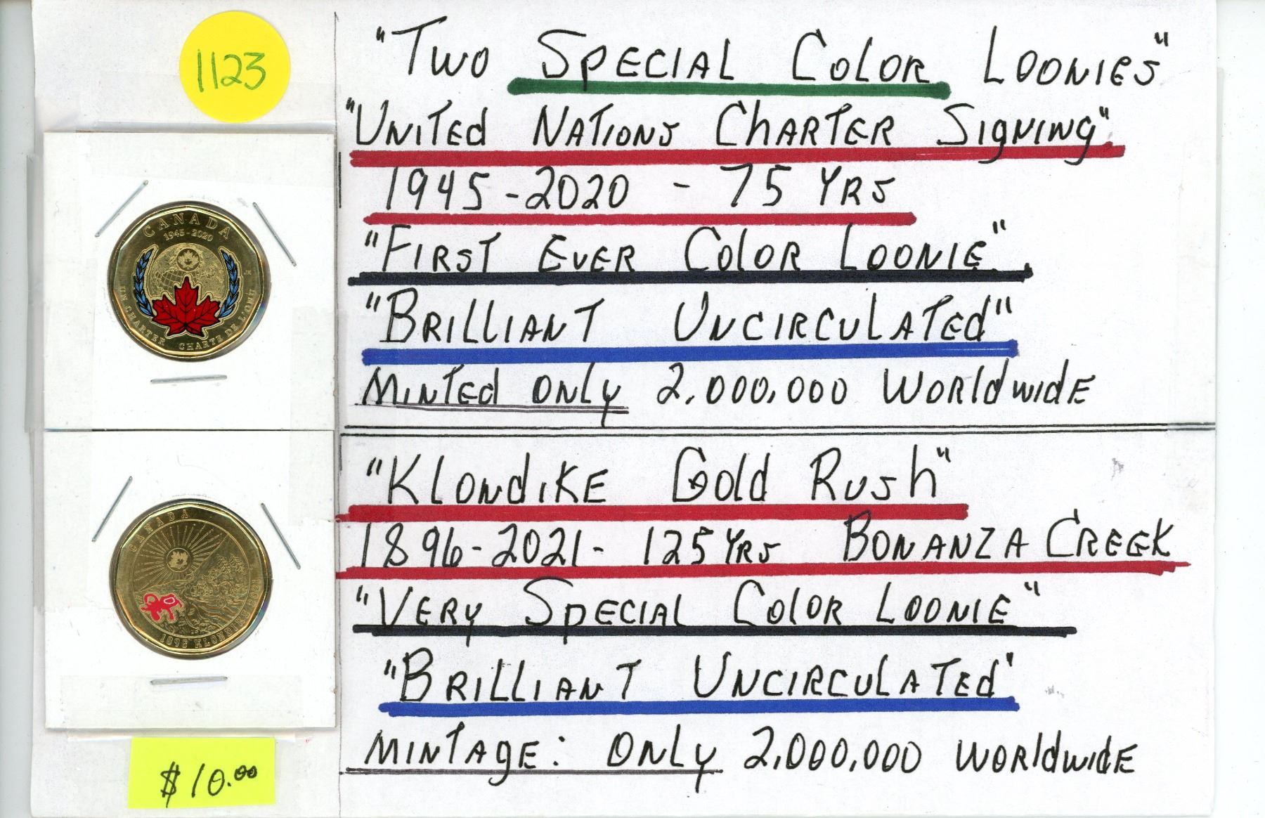 (2) "Special Color Loonies". United Nations Charter Signing 1945-2020 ...