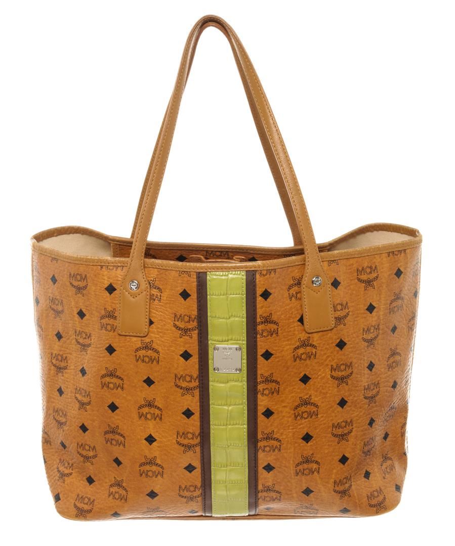 MCM Cognac Monogram Visetos Canvas Leather Green Rudic Tote Bag