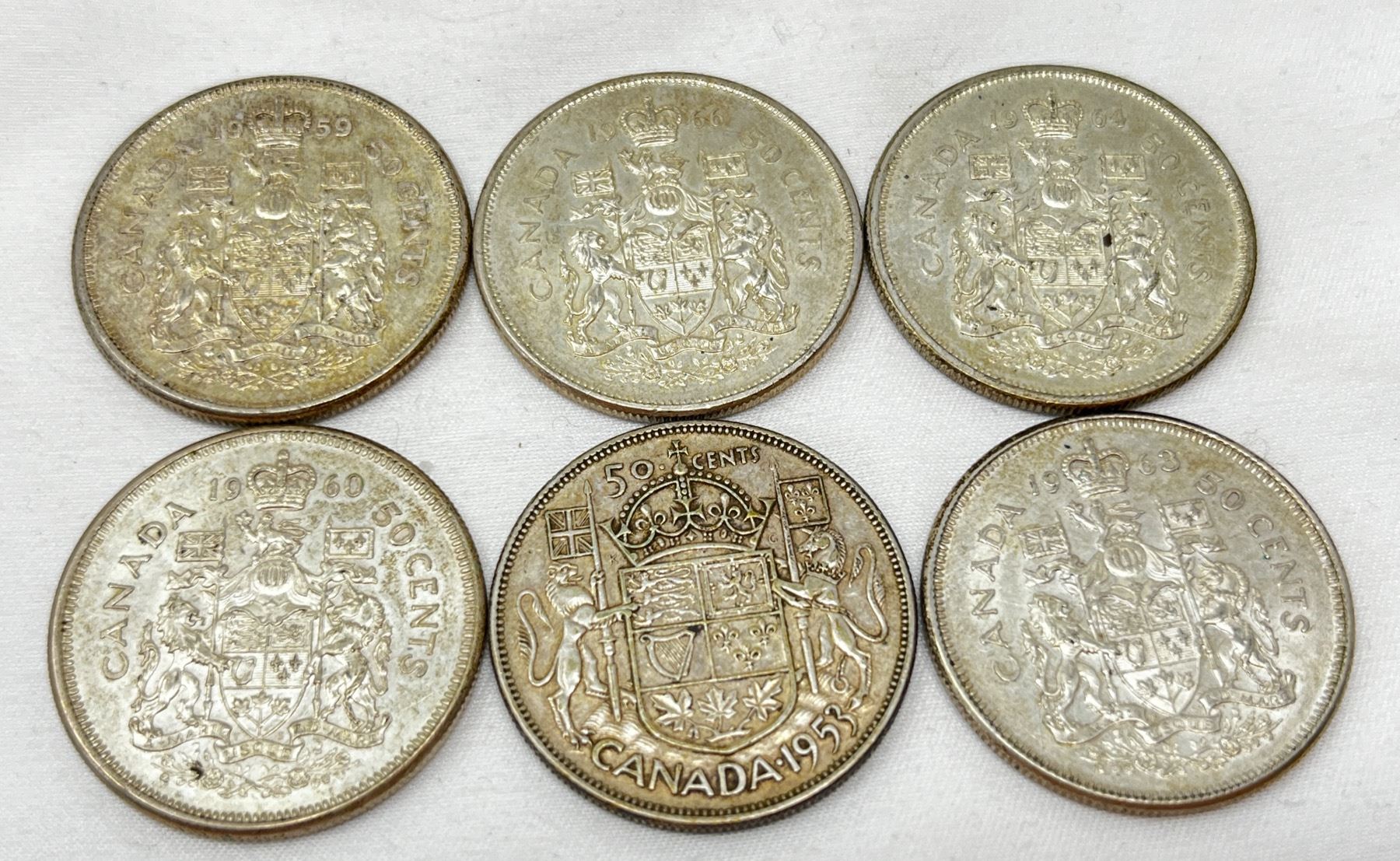 Lot of 6 canada 80% silver 50 cent coins