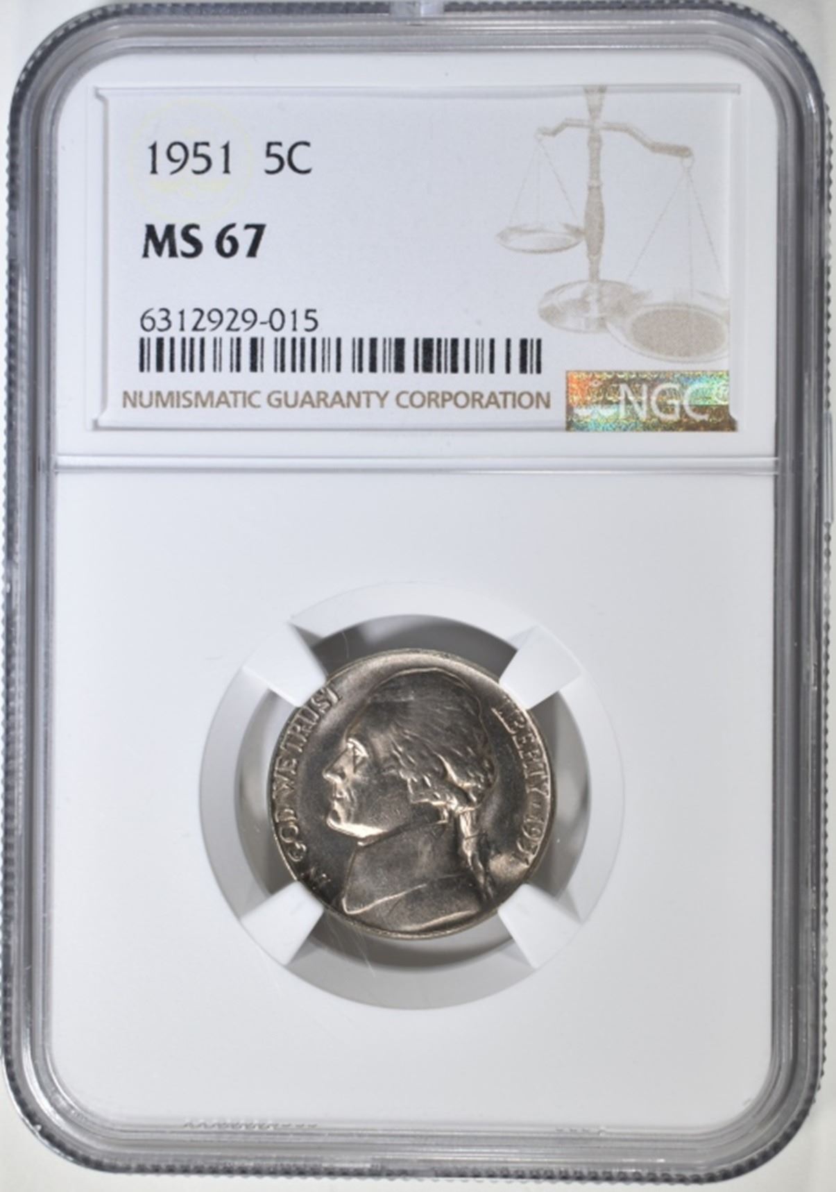 1951 JEFFERSON NICKEL NGC MS-67