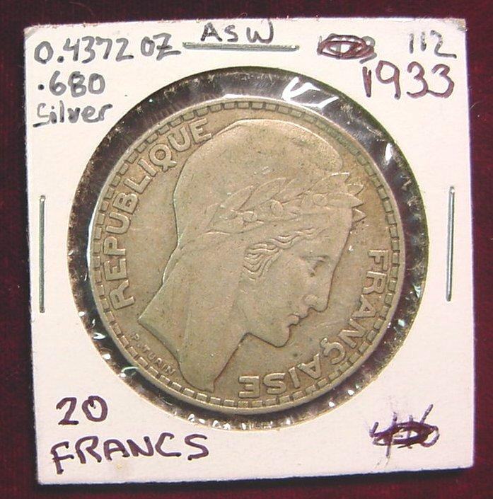 1933 French Silver 20-Francs. F.