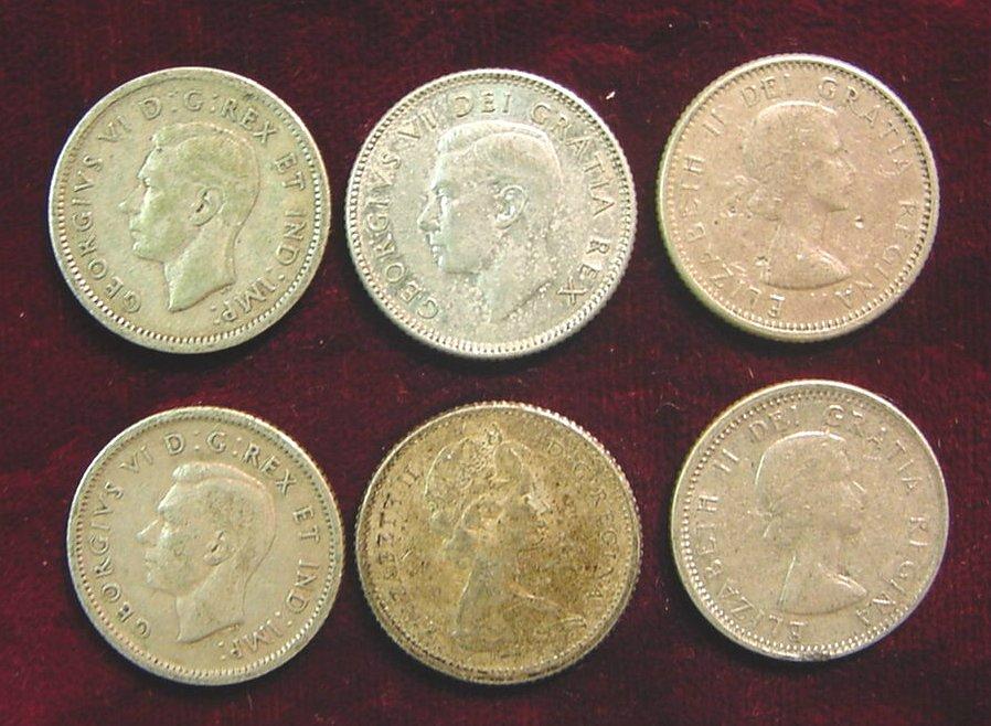 (6) Silver Canadian Dimes" 1939 40 52 60 " 64 & 65.
