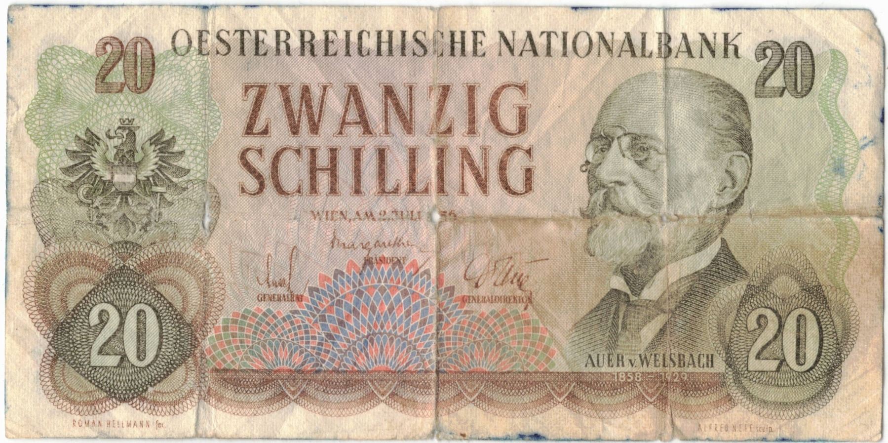 1956 Austria Oesterreichische National Bank 20 Zwanzig Schilling Bill