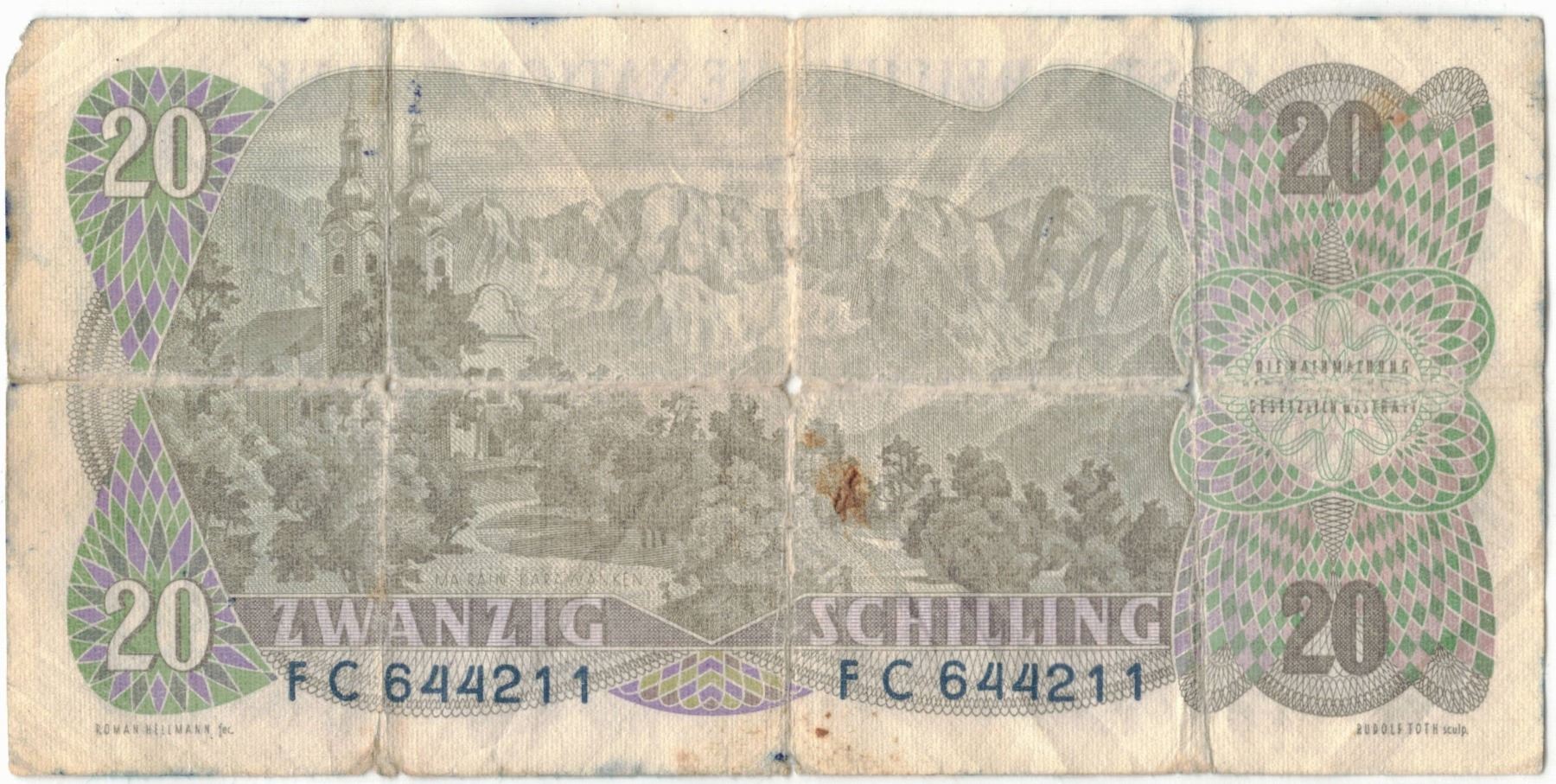 1956 Austria Oesterreichische National Bank 20 Zwanzig Schilling Bill