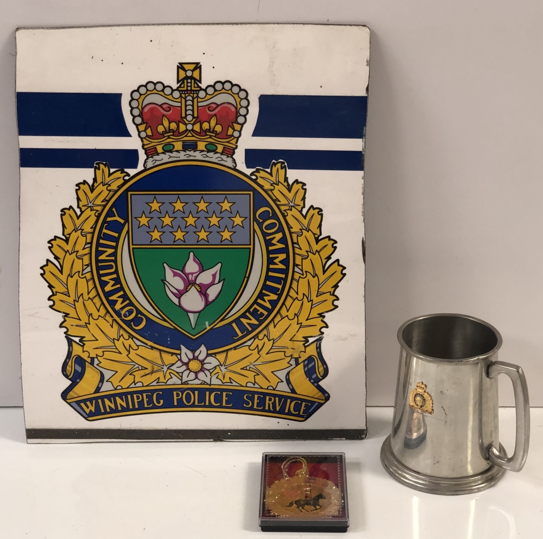 Vintage Winnipeg Police Service metal sign/ RCMP Tankard & RCMP Pendant ...