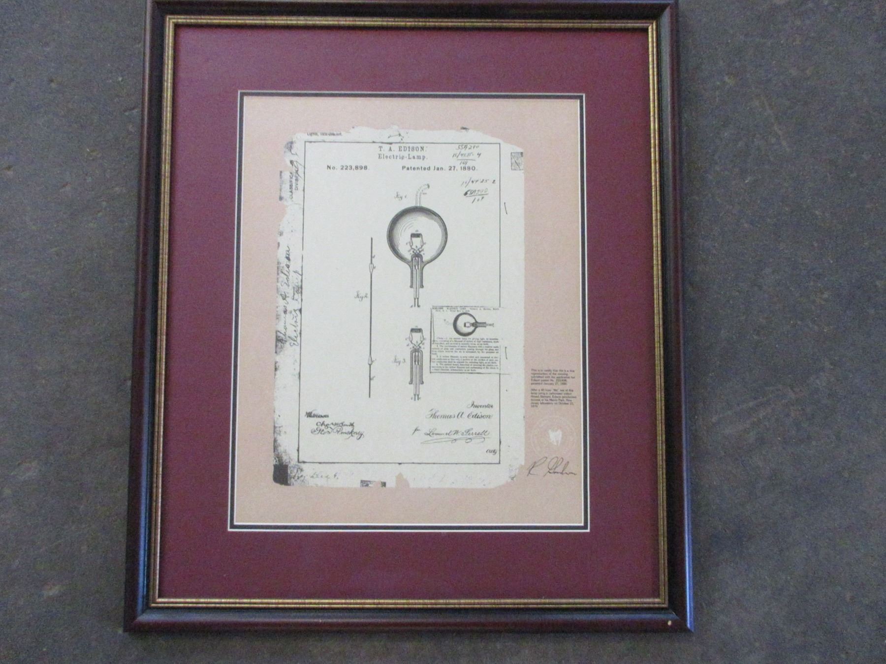 TA Edison Replica Of His Patent From The Electric Light Bulb- 1-27 ...